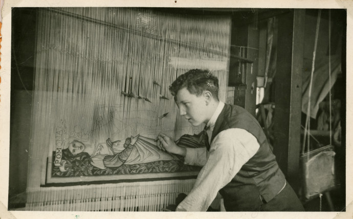 Douglas Griffiths weaving 'Pomona', Merton Abbey - William Morris Gallery